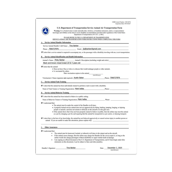 Service Dog Air Travel DOT Form | Easy Online Request